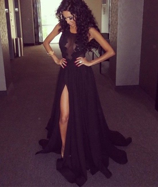 Black Halter Prom Dress, Side Slit Prom Gown,backless Gown With Lace ...